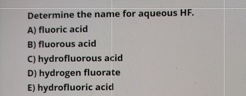 Solved Determine the name for aqueous HF.A) ﻿fluoric acidB) | Chegg.com