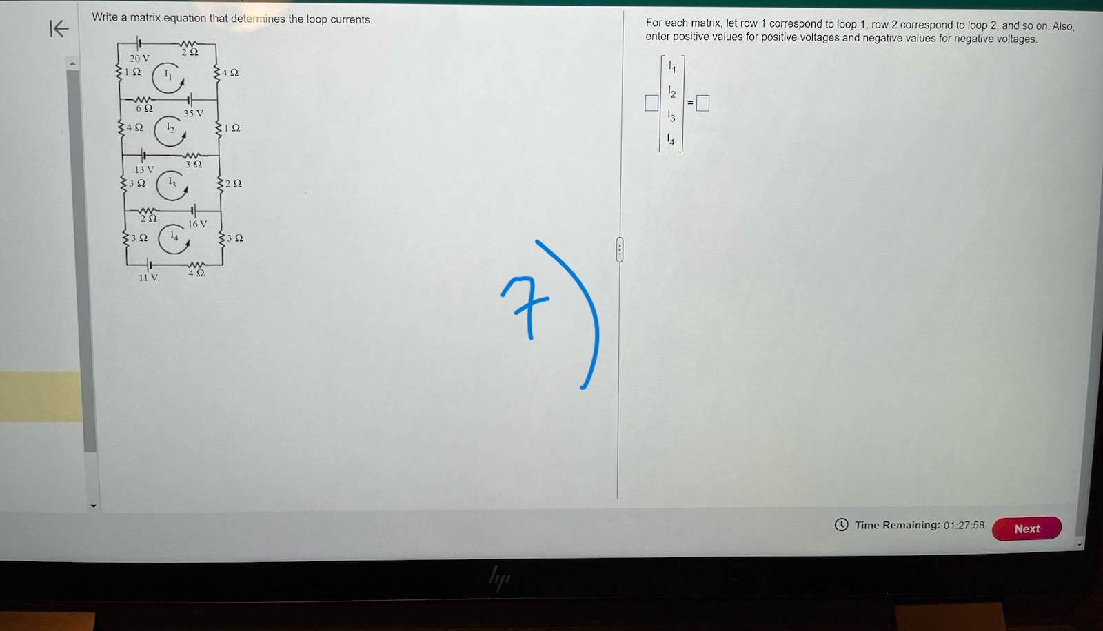 Solved For each matrix, let row 1 ﻿correspond to loop 1, | Chegg.com