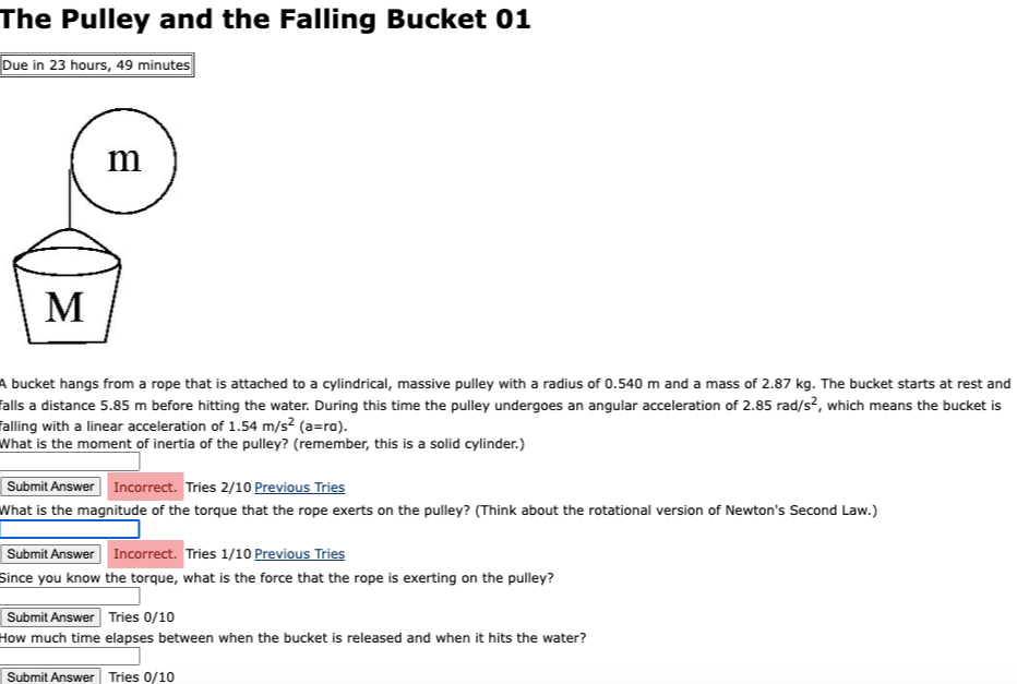 Solved The Pulley and the Falling Bucket 01A bucket hangs | Chegg.com