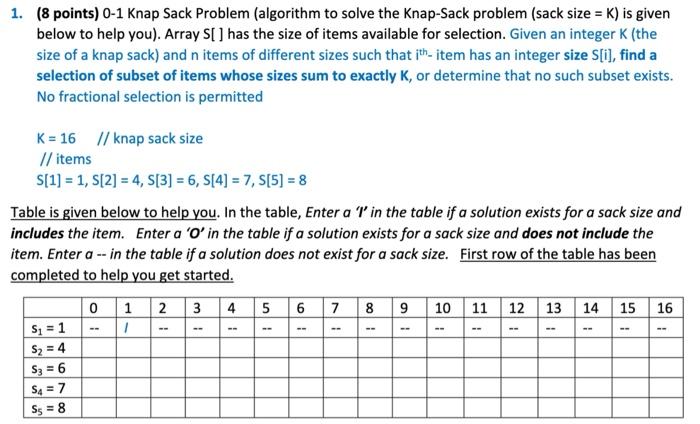 1. (8 points) 0−1 Knap Sack Problem (algorithm to | Chegg.com