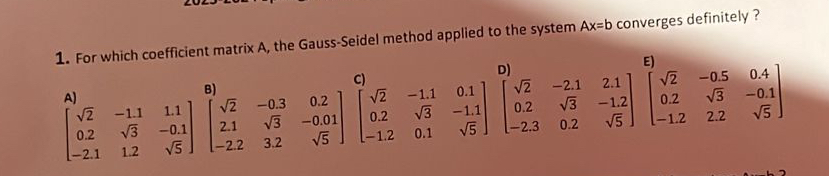 Solved For which coefficient matrix A, ﻿the Gauss-Seidel | Chegg.com