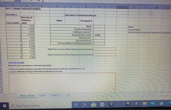 Solved А B Part 3: Simple Statistical Analysis Data Table 4. | Chegg.com