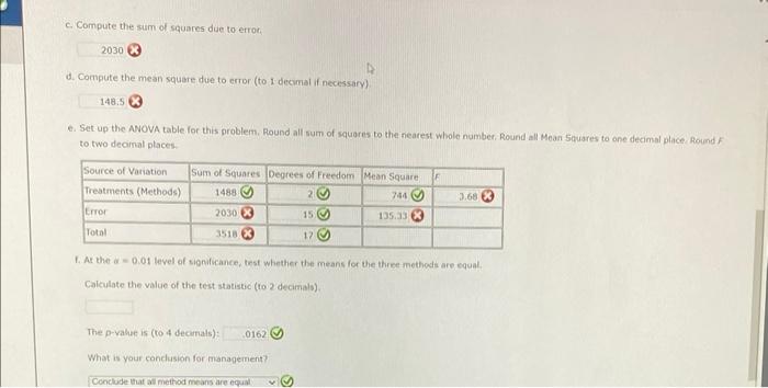 Solved c. Compute the sim of squares due to erroc, d. | Chegg.com