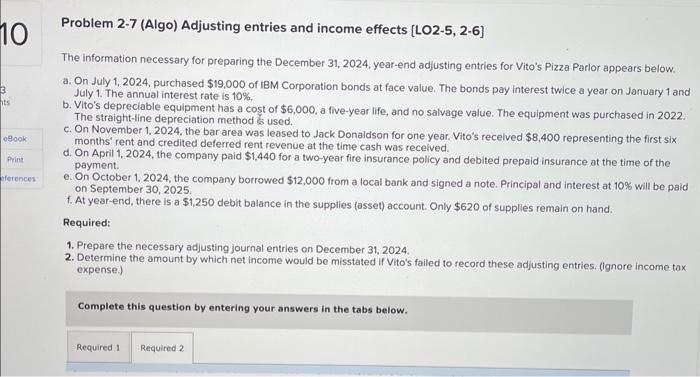 Solved Problem 2-7 (Algo) Adjusting entries and income | Chegg.com