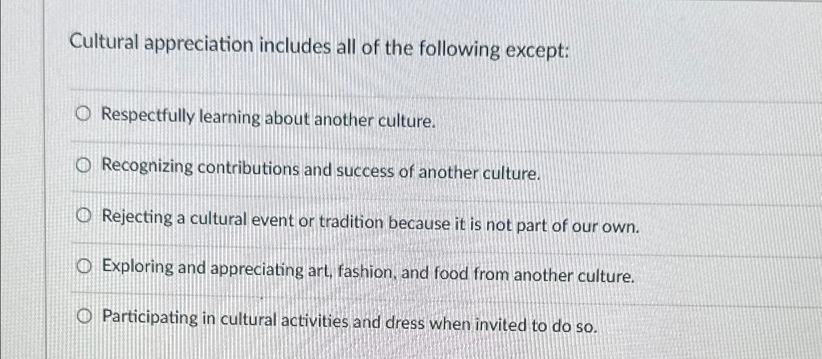 Solved Cultural appreciation includes all of the following | Chegg.com
