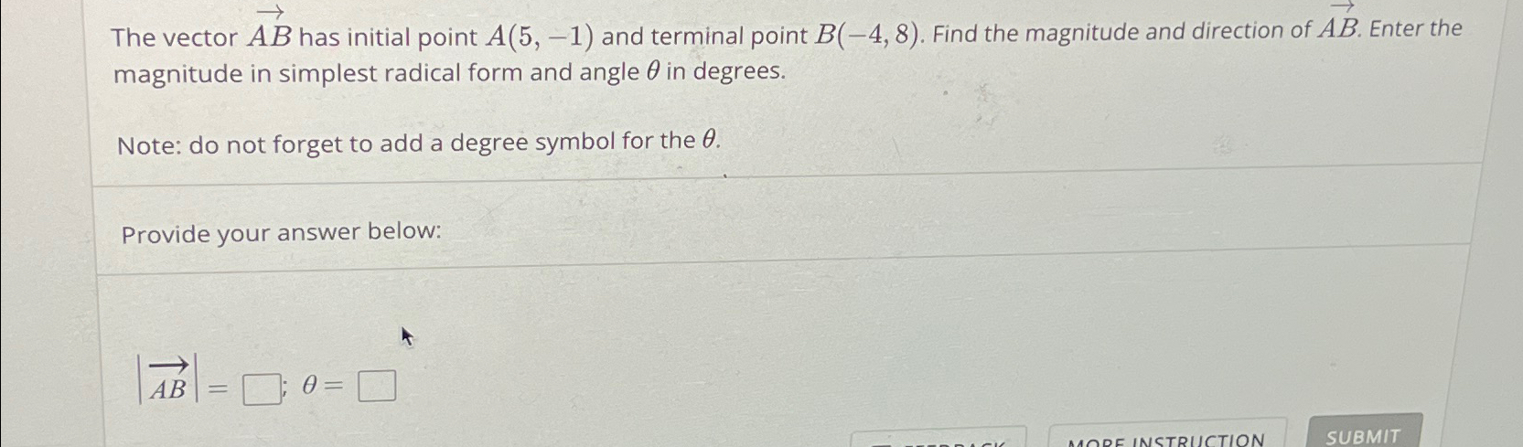 Solved The vector vec(AB) ﻿has initial point A(5,-1) ﻿and | Chegg.com