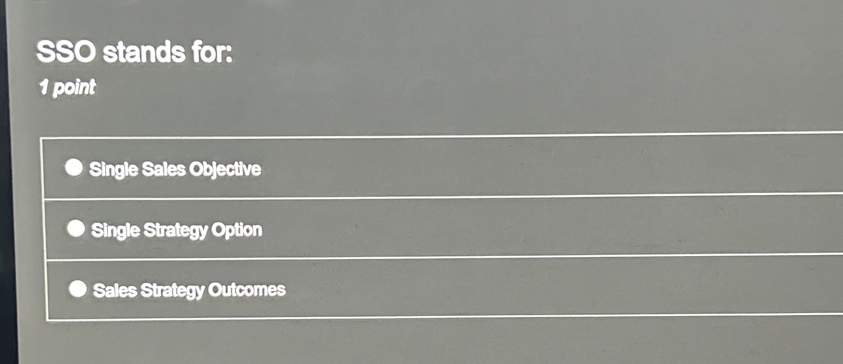 Solved SSO stands for:1 ﻿pointSingle Sales ObjectiveSingle | Chegg.com