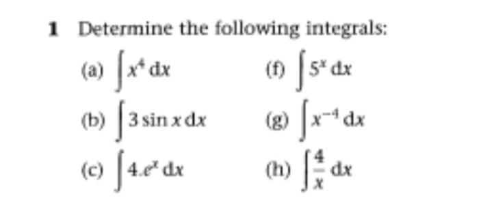 Solved 1 Determine the following integrals: (a) ∫x4 dx (f) | Chegg.com