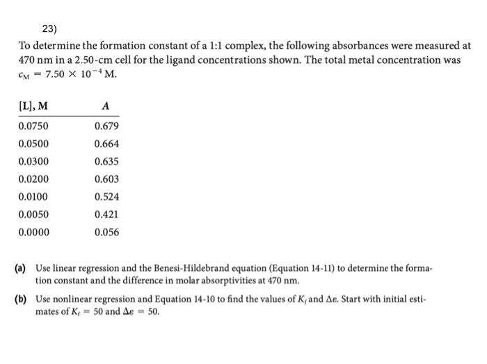 Solved 23) To determine the formation constant of a 1:1 | Chegg.com