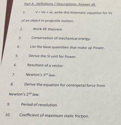 Solved Part A, Definitions/Descriptions. Answer all. 1. | Chegg.com