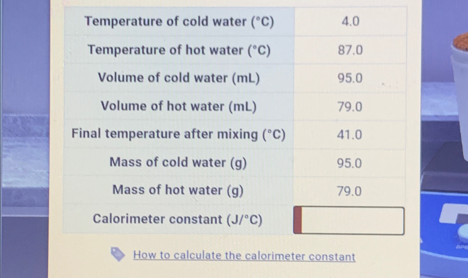 Solved \table[[Temperature of cold water | Chegg.com