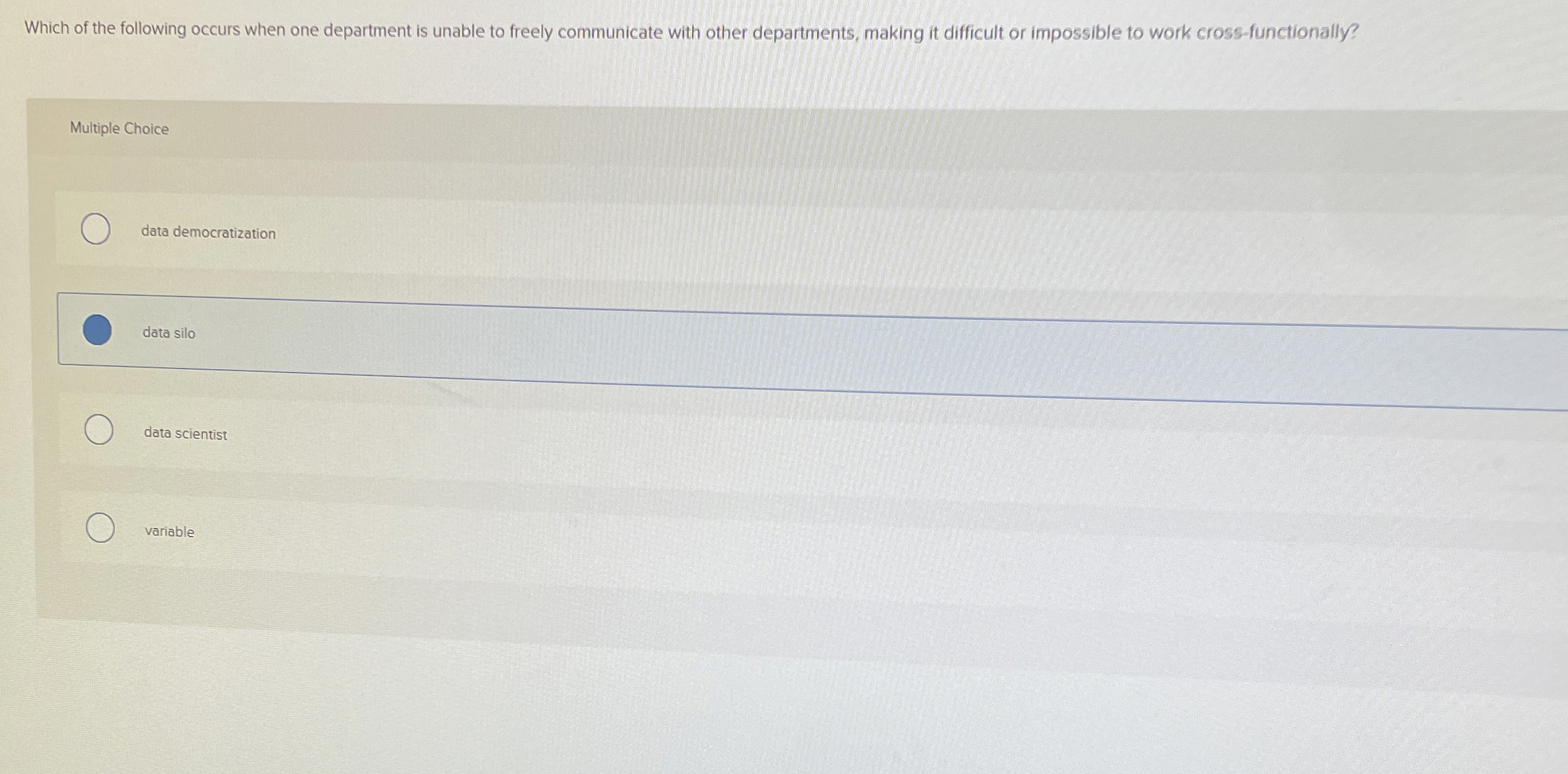 Solved Which of the following occurs when one department is | Chegg.com