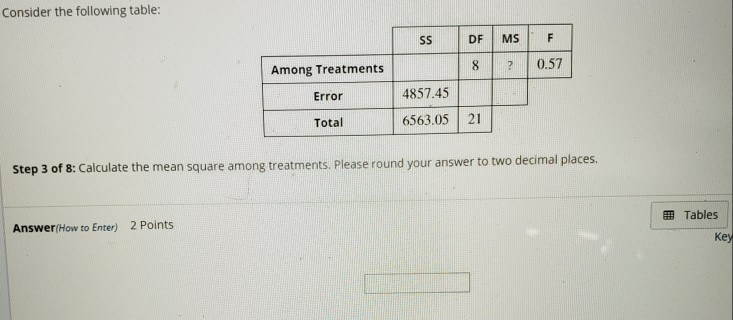 Solved Consider the following table: SS DF MS F ? 8 0.57 | Chegg.com