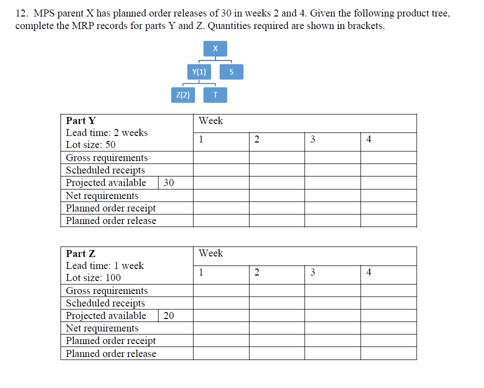 Solved MPS parent x ﻿has planned order releases of 30 ﻿in | Chegg.com