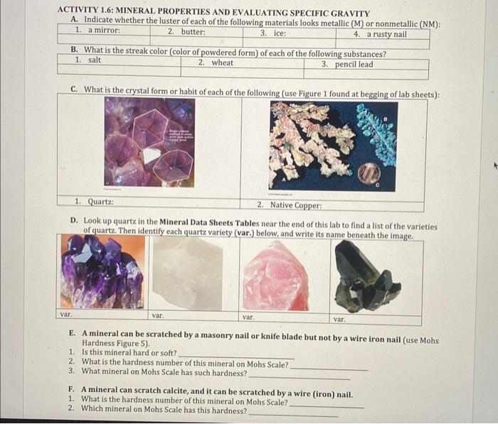 Solved 1. Quartz: 2. Native Copper: D. Look up quartz in the | Chegg.com