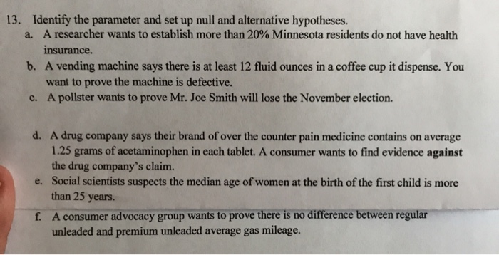 Solved 13. Identify the parameter and set up null and | Chegg.com