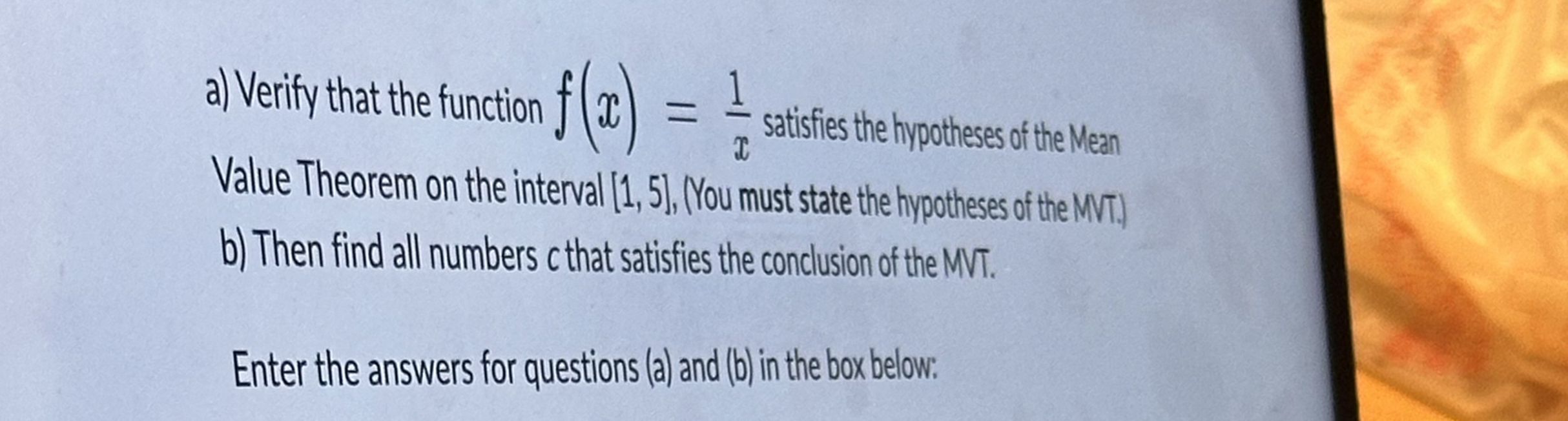 Solved a) ﻿Verify that the function f(x)=1x ﻿satisfies the | Chegg.com