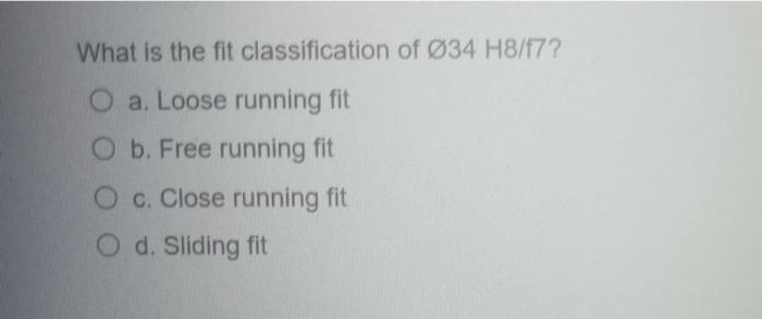 Solved What is the fit classification of 34 H8/f7? O a. | Chegg.com