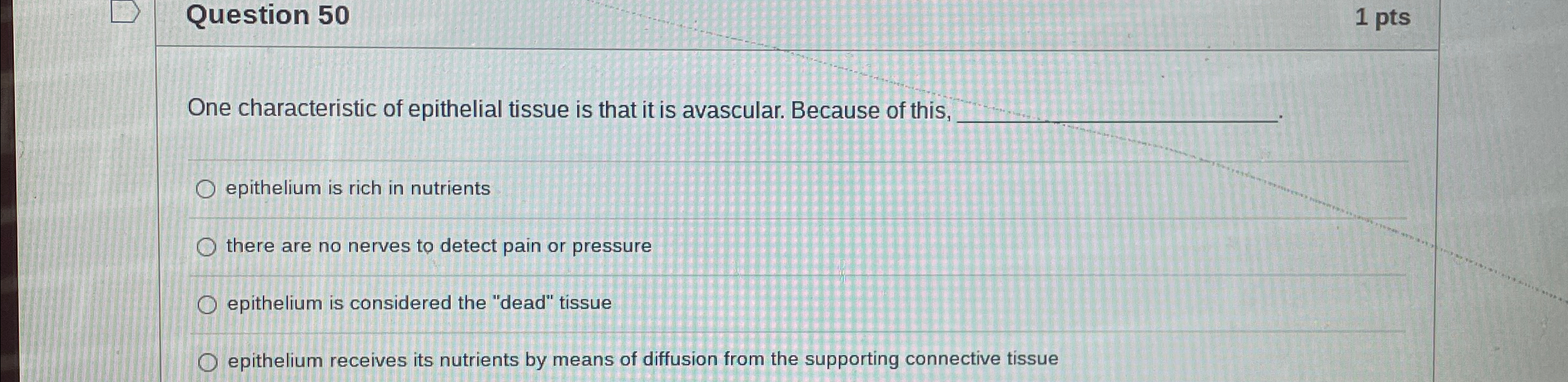 Solved Question 501 ﻿ptsOne characteristic of epithelial | Chegg.com