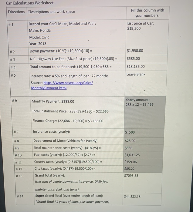 Solved Car Calculations Worksheet Directions Descriptions | Chegg.com