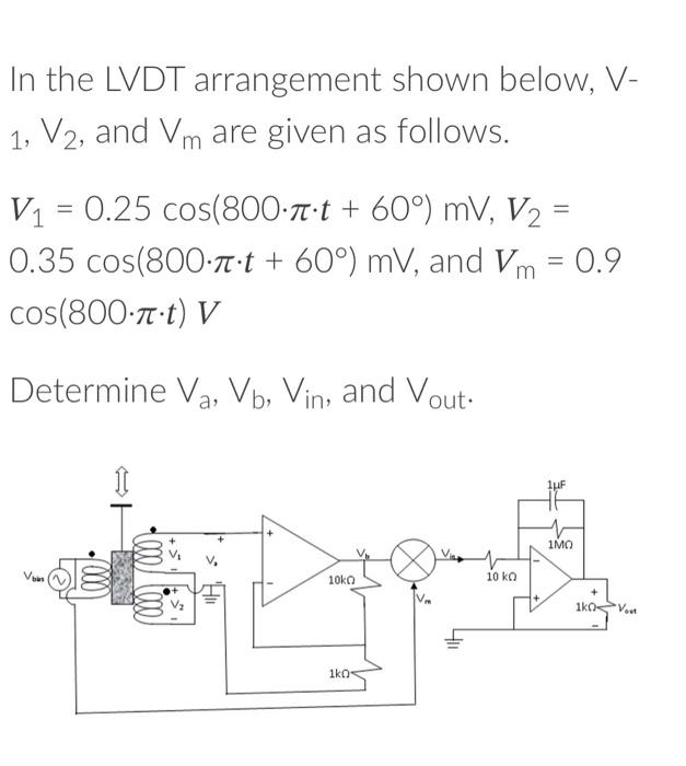 Solved In the LVDT arrangement shown below, ∨ 1 , V2, and Vm | Chegg.com