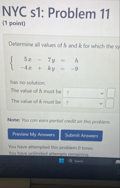 Solved NYC s1: Problem 11(1 ﻿point)Determine all values of h | Chegg.com