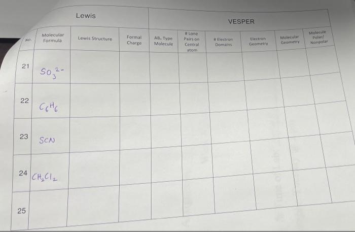 Solved Lewis VESPER NO Molecular Formula Lewis Structure | Chegg.com