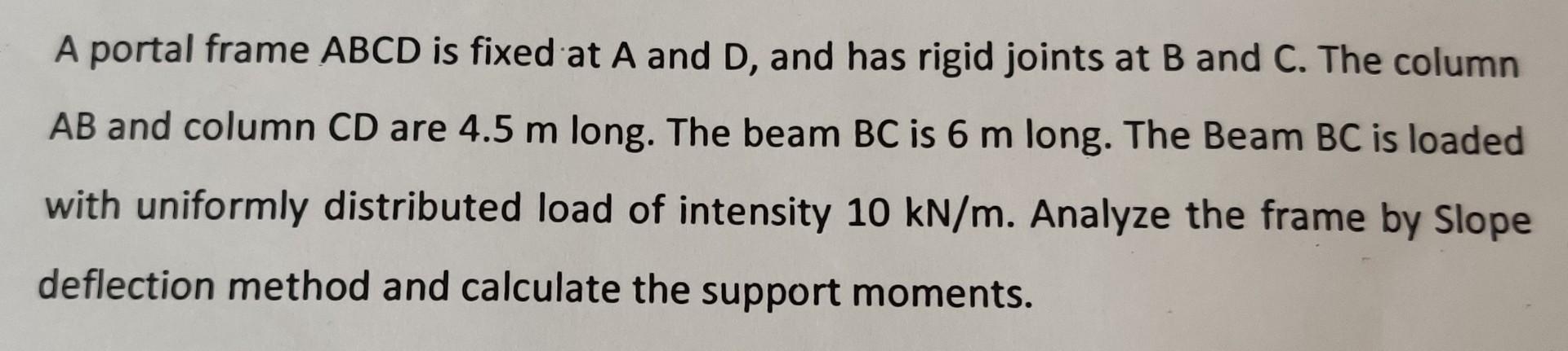 Solved A portal frame ABCD is fixed at A and D, and has | Chegg.com