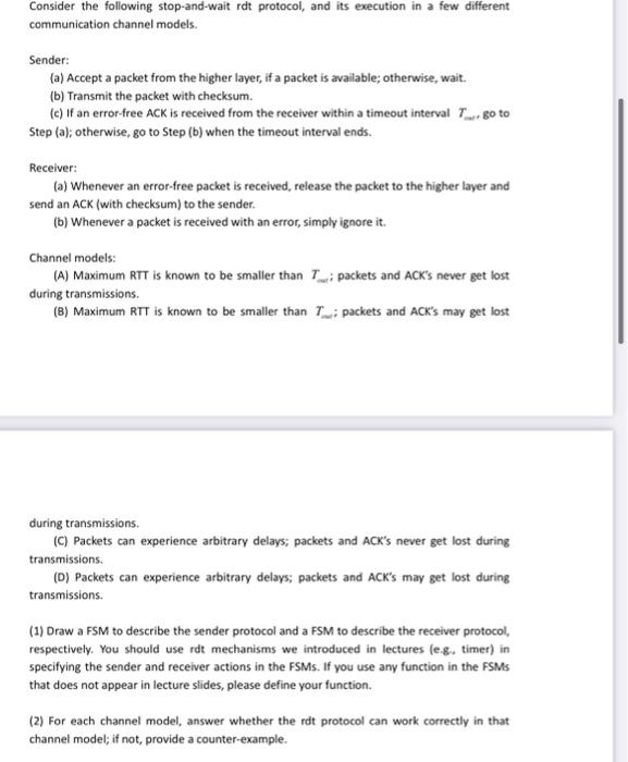 Consider the following stop-and-wait rdt protocol, | Chegg.com