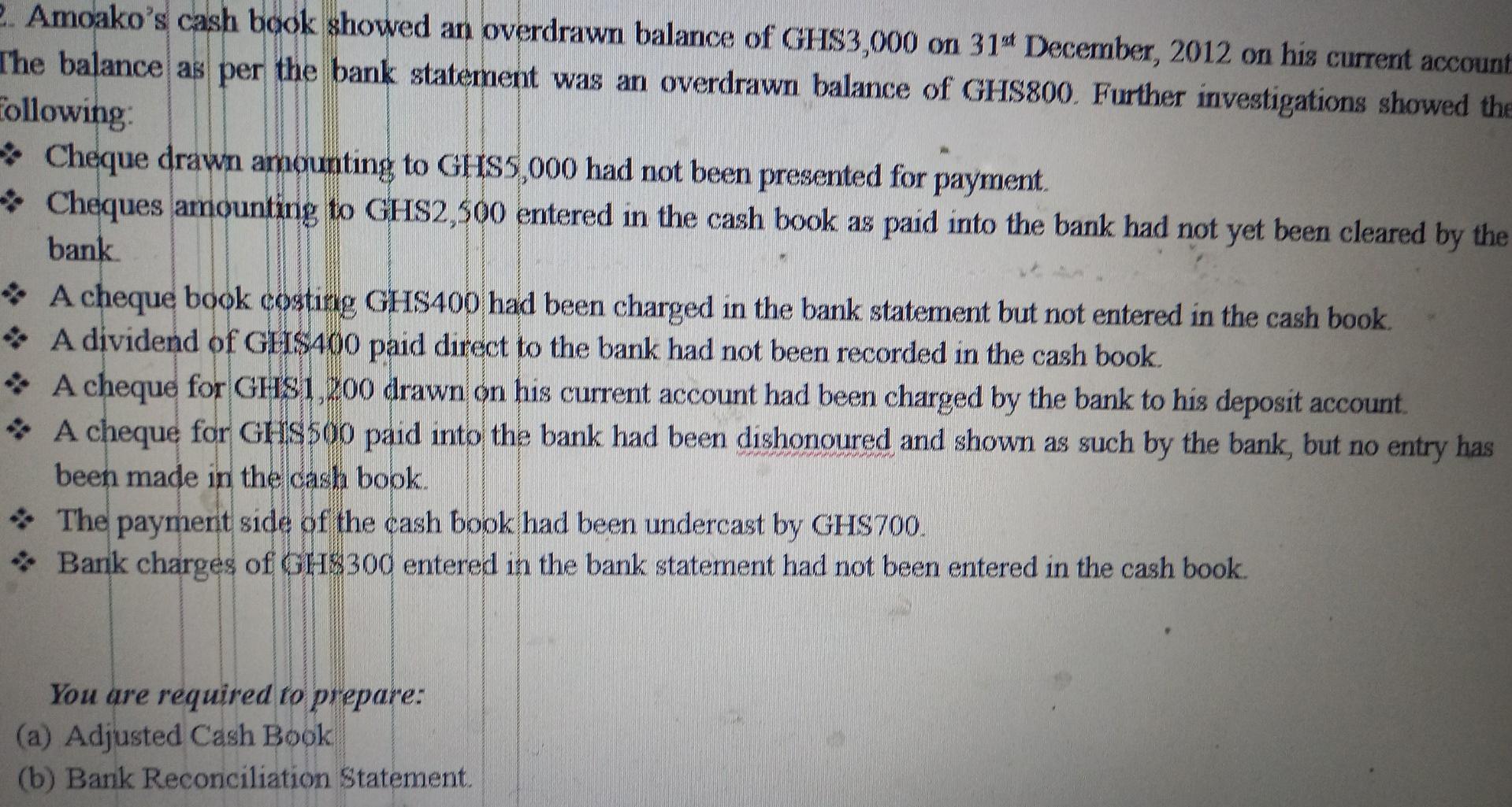 Solved 2. Amoako's cash book showed an overdrawn balance of | Chegg.com