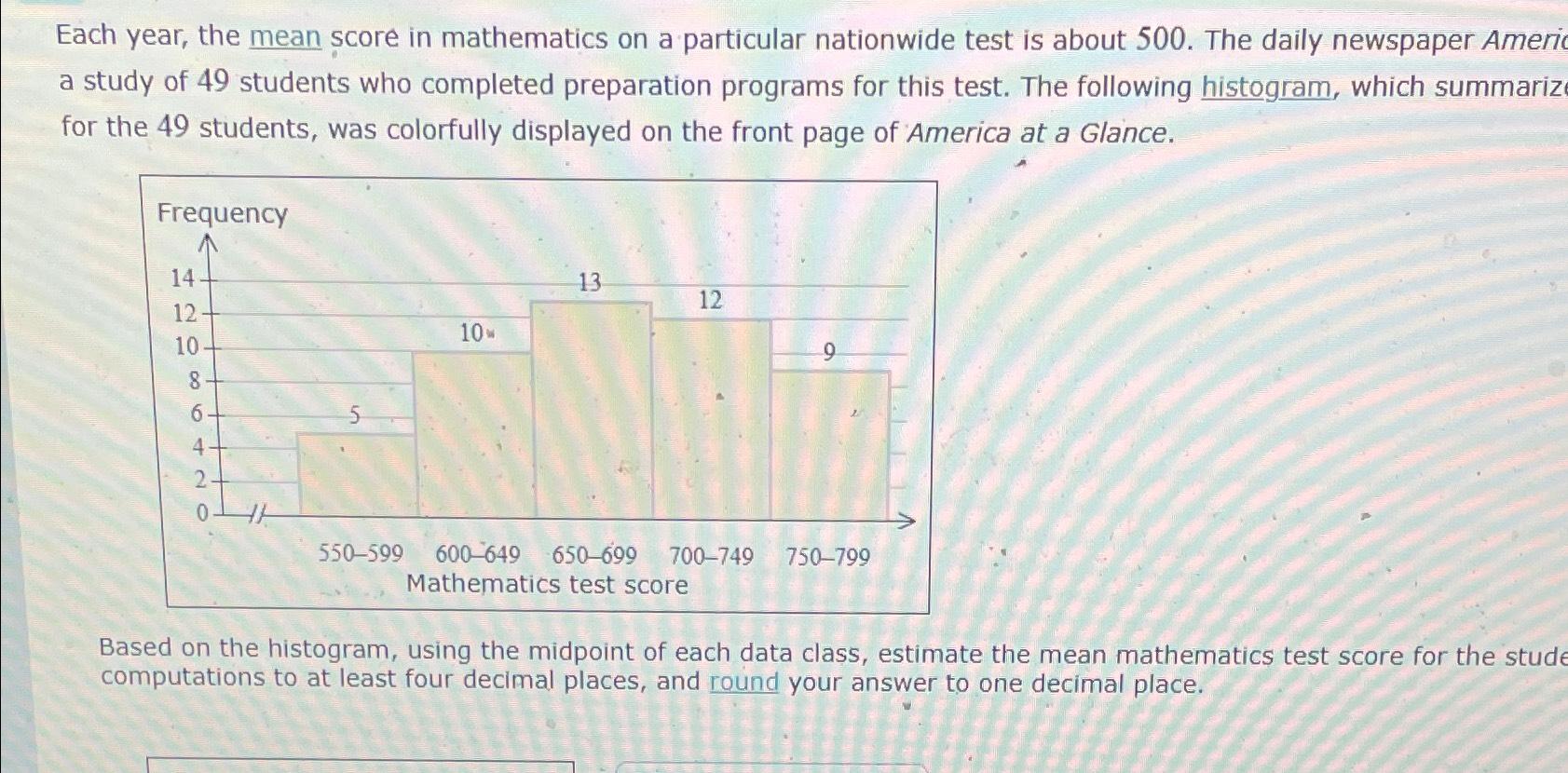 Solved Each year, the mean score in mathematics on a | Chegg.com