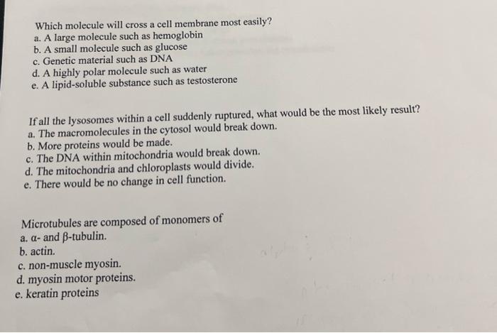 Solved Which molecule will cross a cell membrane most | Chegg.com
