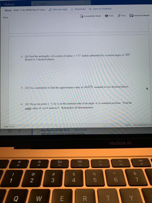 Solved Outlook Word Math 1126-W006 Test 1 .docx Edit and | Chegg.com