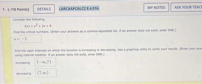 Solved Consider the following. f(x)=x2+2x+8 Find the | Chegg.com