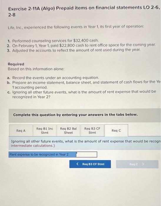 Solved Exercise 2-11A (Algo) Prepaid items on financial | Chegg.com