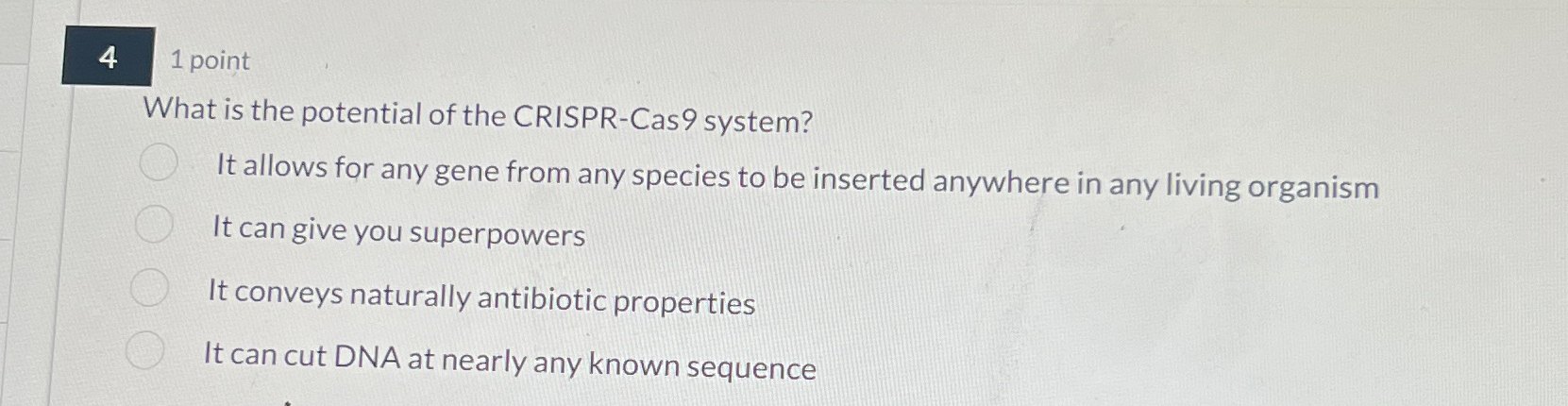 Solved 41 ﻿pointWhat is the potential of the CRISPR-Cas9 | Chegg.com
