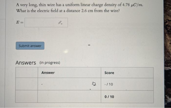 Solved A very long, thin wire has a uniform linear charge | Chegg.com
