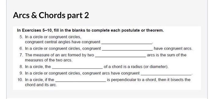 Solved Arcs & Chords part 2 In Exercises 5-10, fill in the | Chegg.com