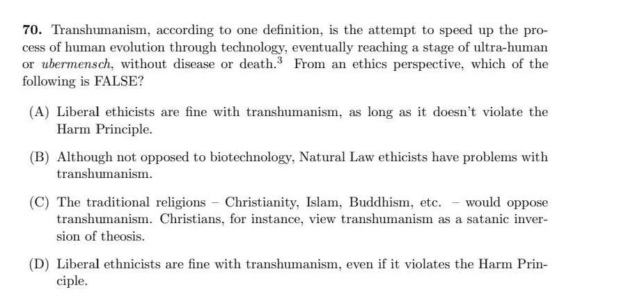 Solved 70. Transhumanism, according to one definition, is | Chegg.com