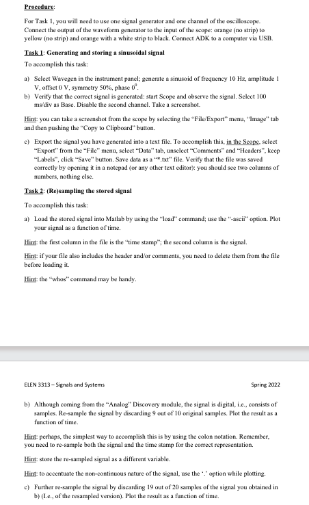 NEED HELP WITH MATLAB CODE IN TASK 2!Procedure:For | Chegg.com