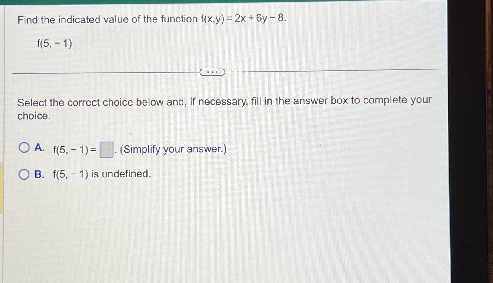 Solved Find the indicated value of the function | Chegg.com