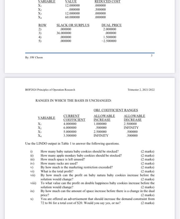 Solved Question 2 (20 marks: The LINDO output for the linear | Chegg.com