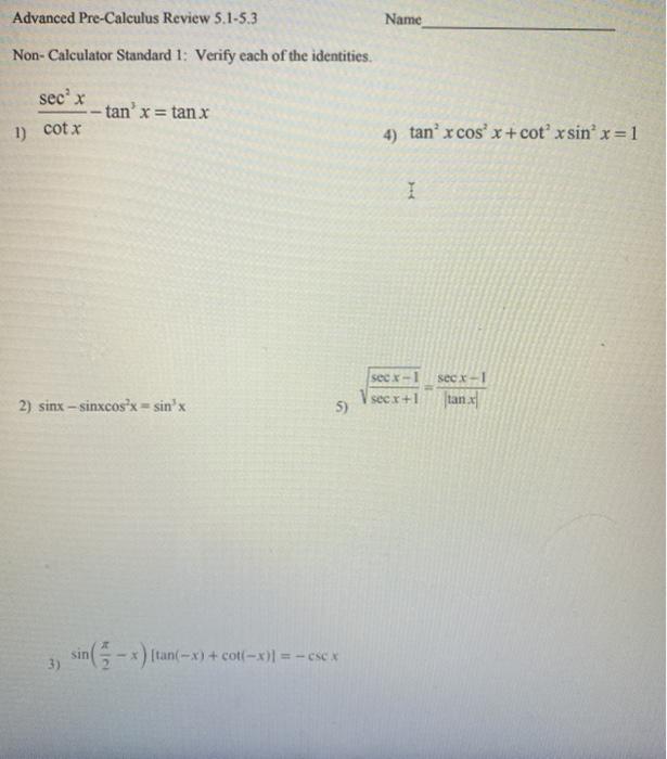Solved Advanced Pre-Calculus Review 5.1-5.3 Name | Chegg.com