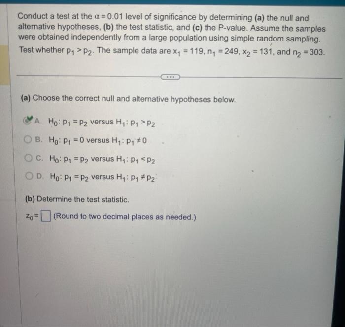 Solved Conduct a test at the α=0.01 level of significance by | Chegg.com