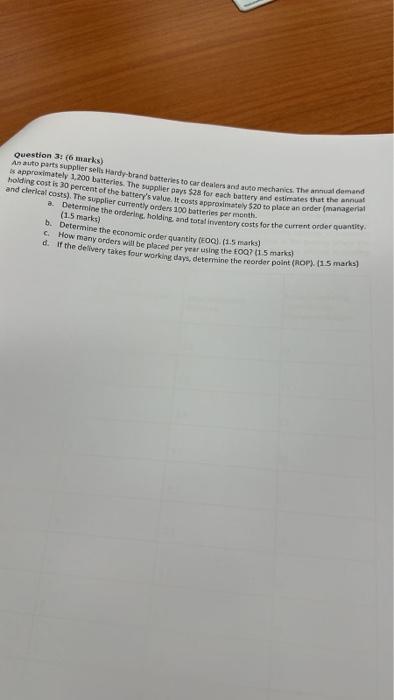 Solved Question 3: ( 6 marks) An auto parts supplier selis | Chegg.com