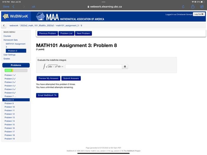 Solved MATH101 Assignment 3: Problem 8 (1) point) Evaluate | Chegg.com