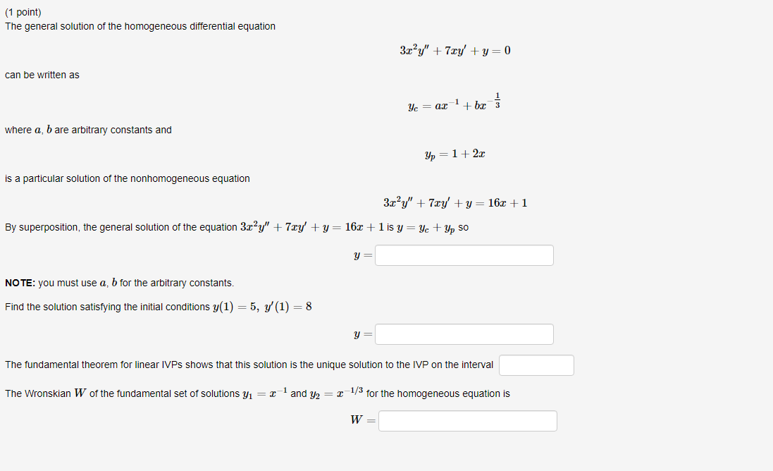 Solved (1 ﻿point)The general solution of the homogeneous | Chegg.com