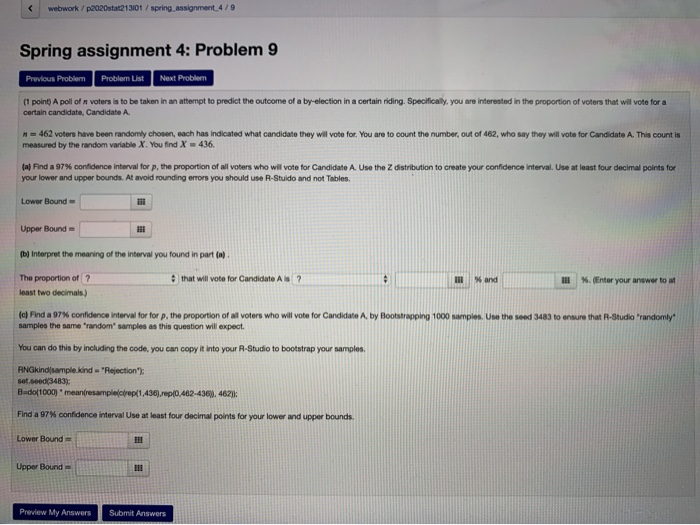 webwork/p2020stat213101 / spring assignment 4/9 | Chegg.com