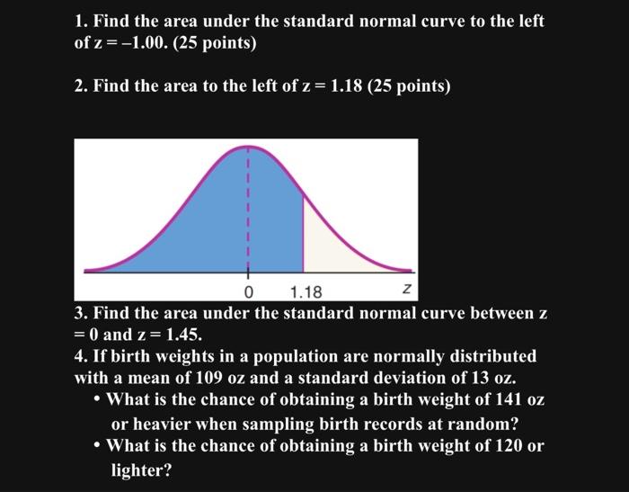 Solved 1. Find the area under the standard normal curve to | Chegg.com