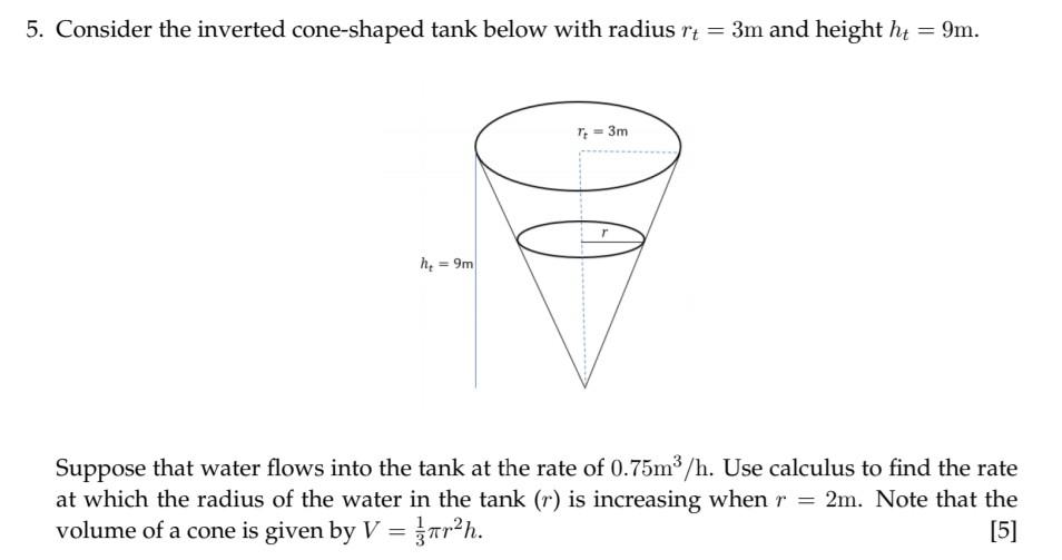 Solved 5. Consider the inverted cone-shaped tank below with | Chegg.com